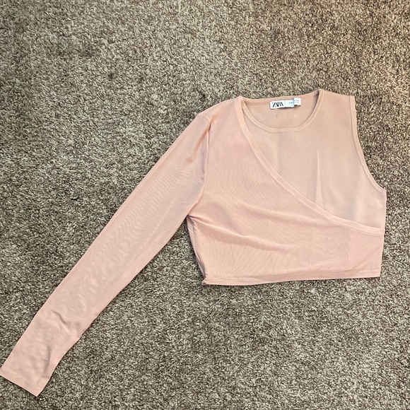 Tops | Zara One Shoulder Pink Mesh Top | Poshmark